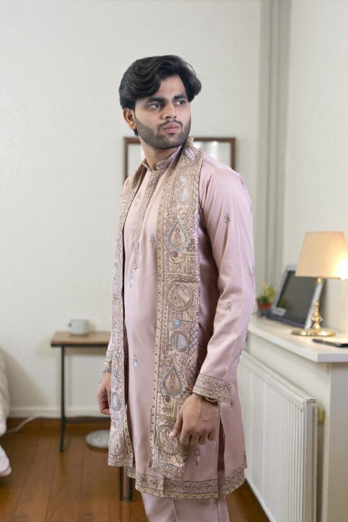 Light Onion Color Kurta Pajama with Full Stall Embroidery Work - Sharma ...