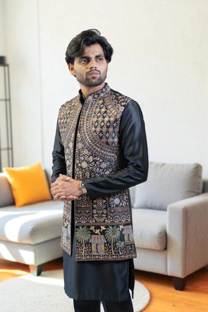 Black Kurta Jacket Set – Sharq Style with Full Embroidery Design ...